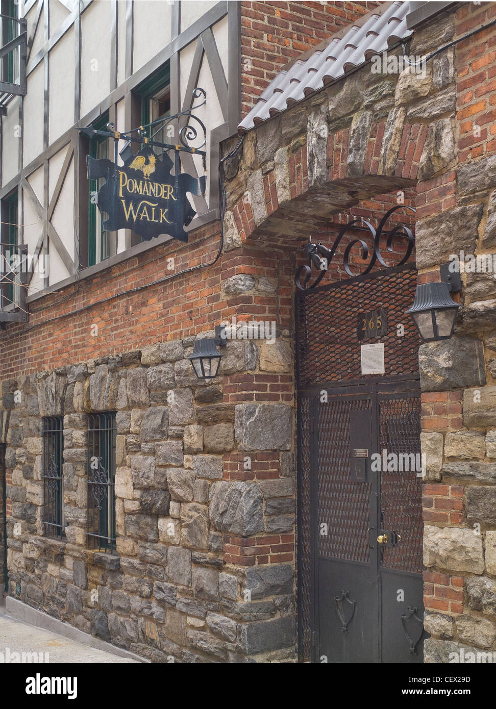 Pomander Walk cooperative apartment complex sign on the Upper West side ...