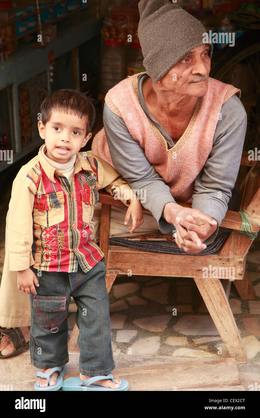 India, Rajasthan, Jodhpur, Old City, grandfather and grandson Stock ...