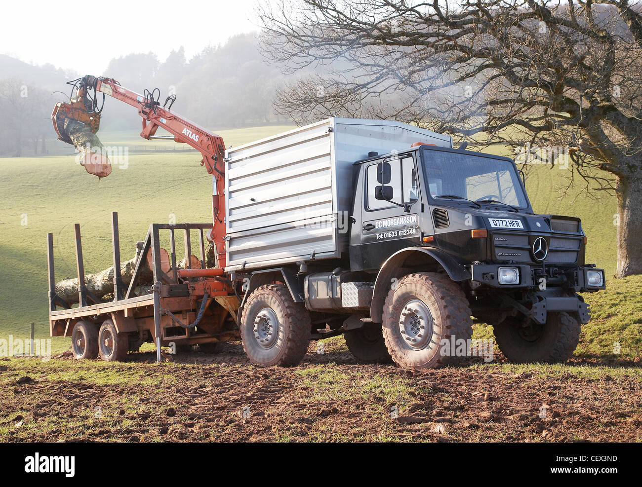 Farmer with a Mercedes Unimog, loading up a flatbed with trees that ...