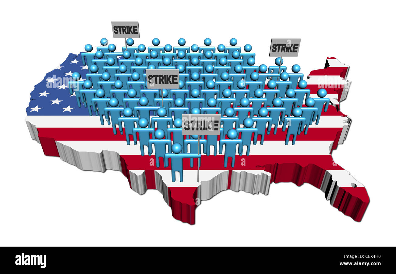 workers on strike on USA map flag illustration Stock Photo - Alamy