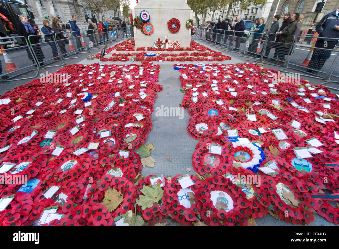 Poppies laid at the Cenotaph on Remembrance Sunday Stock Photo - Alamy