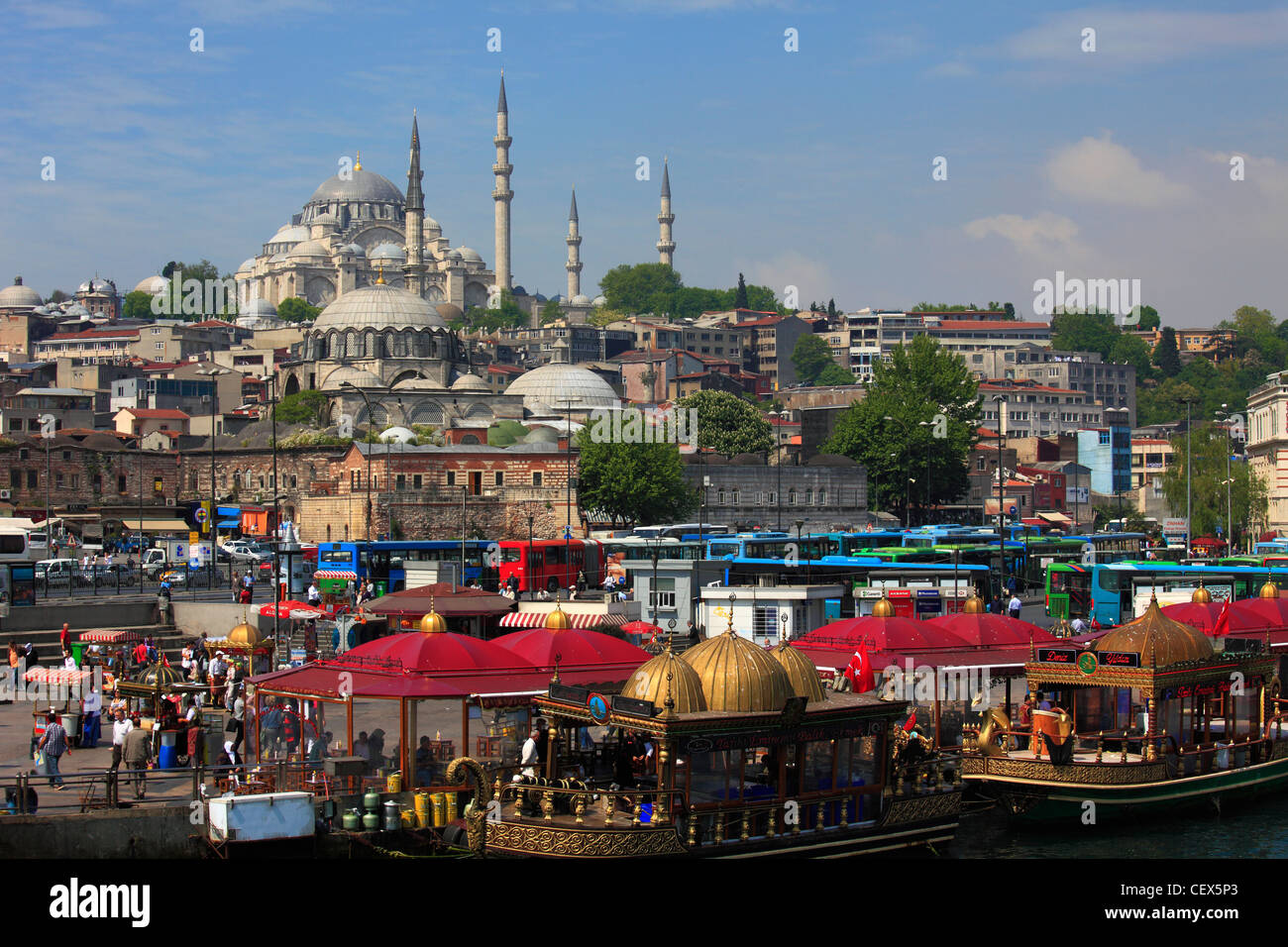 Turkey; Istanbul; Eminönü, docks, Suleymaniye and Rustem Pasa Mosques ...
