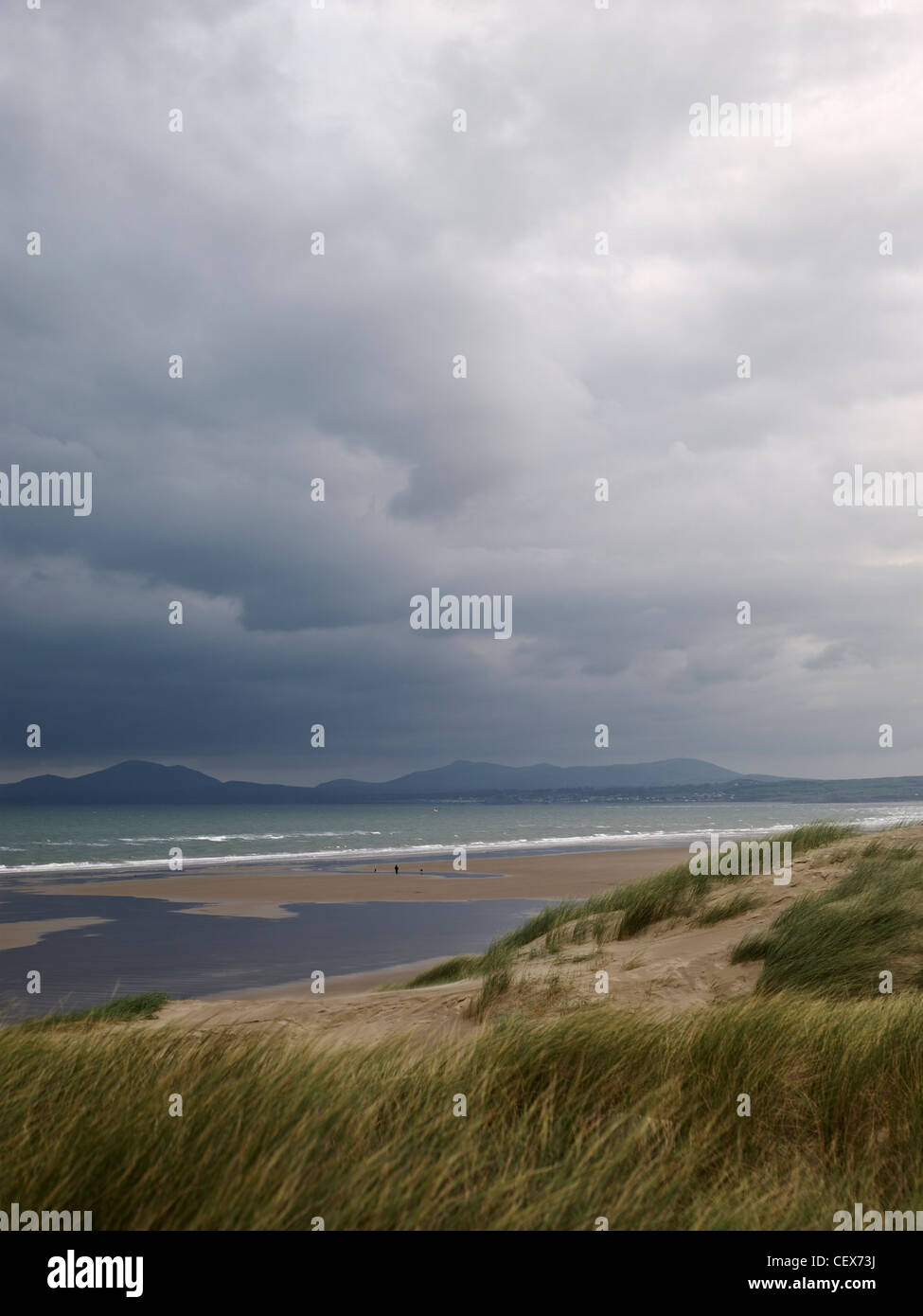 View over sand dunes down to Harlech beach by the Irish Sea Stock Photo ...