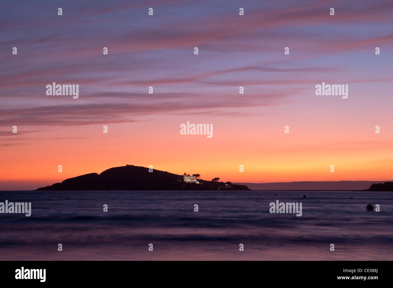 Sunset at Burgh Island from Bantham Beach, Devon, England Stock Photo ...
