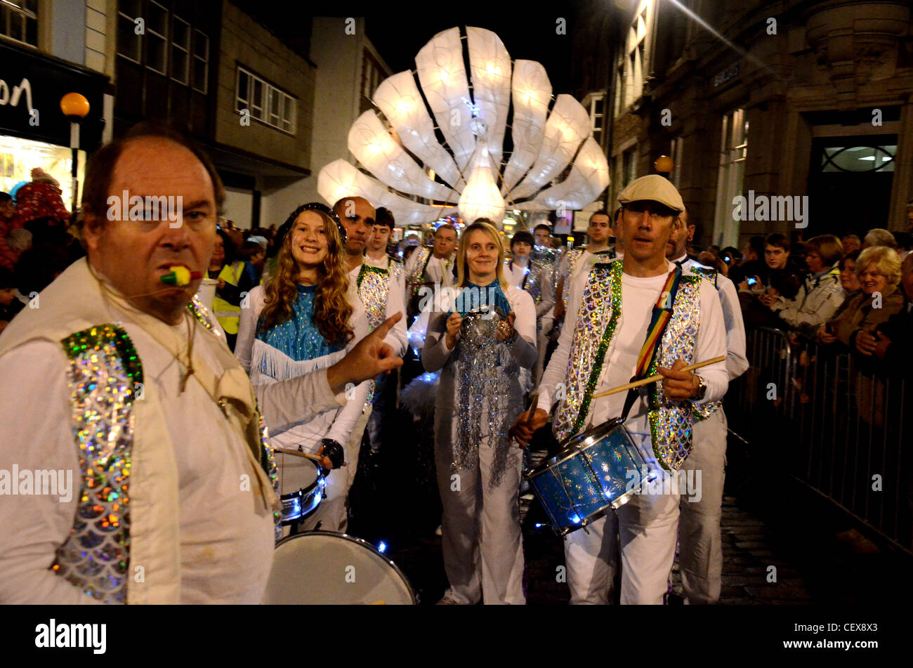 Marching musicians at Truro city of lights festival, Cornwall. 16th ...