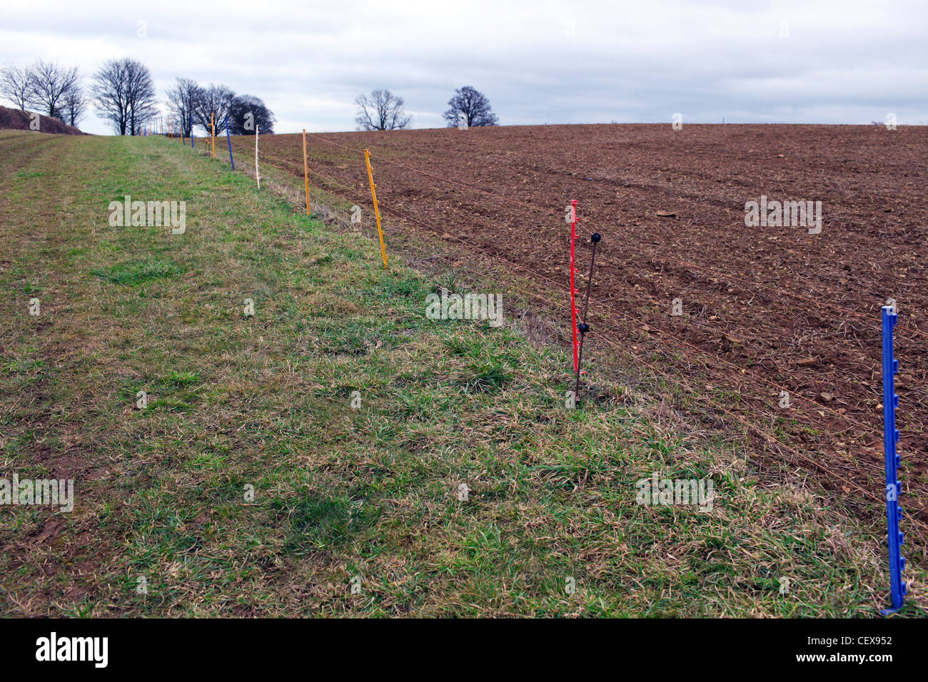Electric fence separates a Farmers field Stock Photo - Alamy