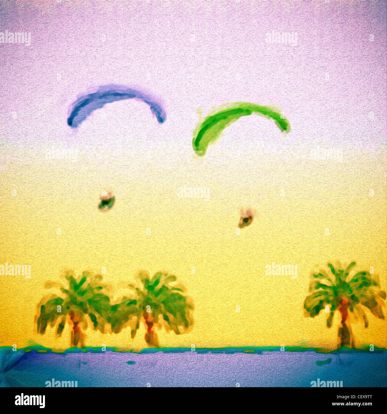 Digital canvas painting of parachutes above a tropical beach- PROPERTY ...