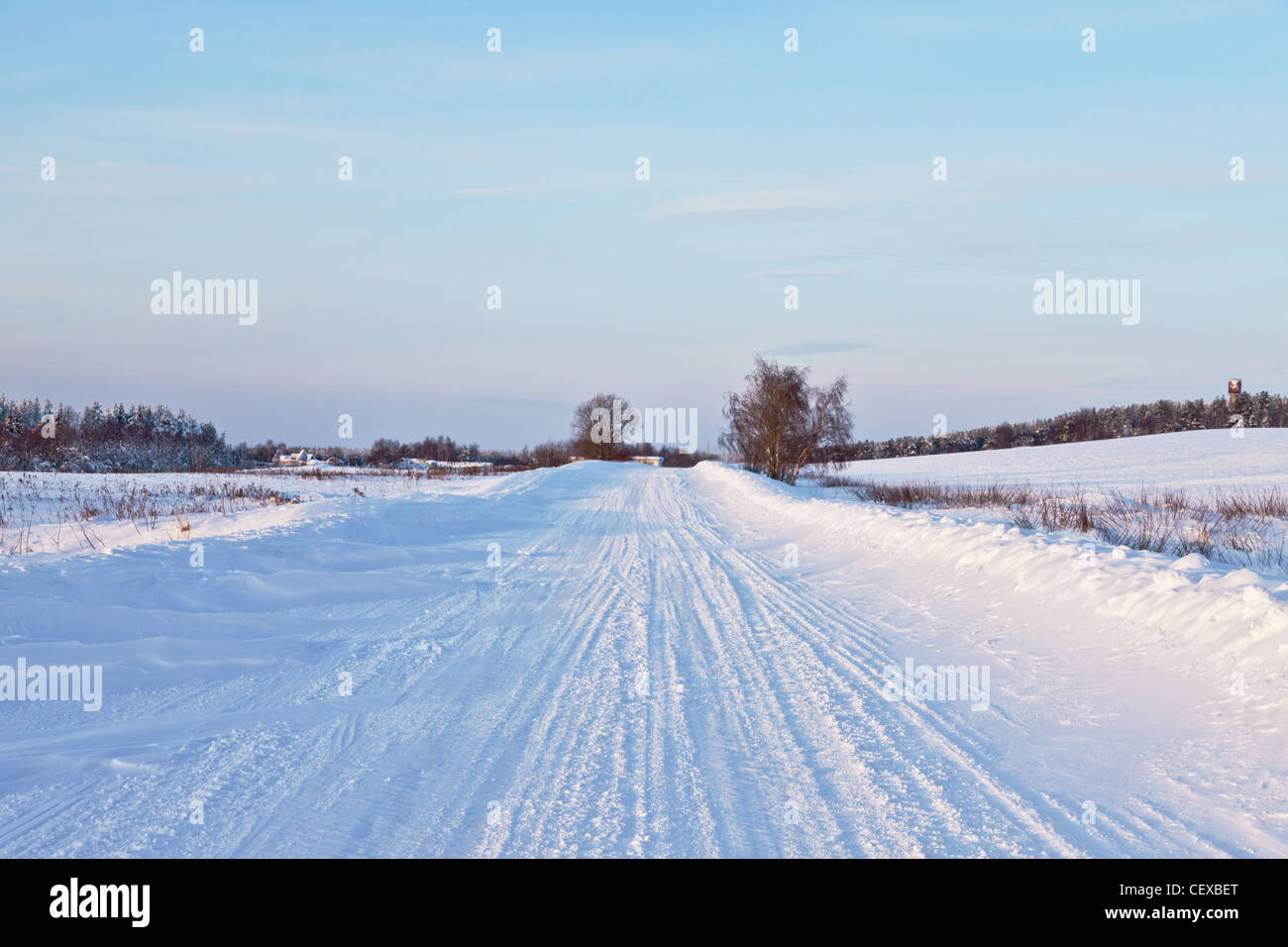 snow-covered road to forest Stock Photo - Alamy