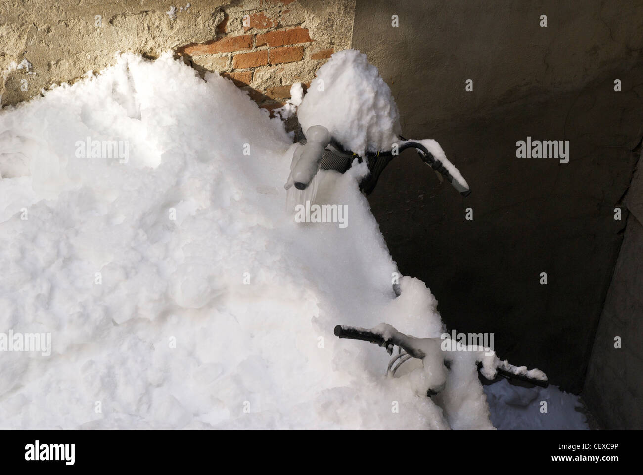 Bicycles completely snowed in by the inclement weather of February 2012 ...