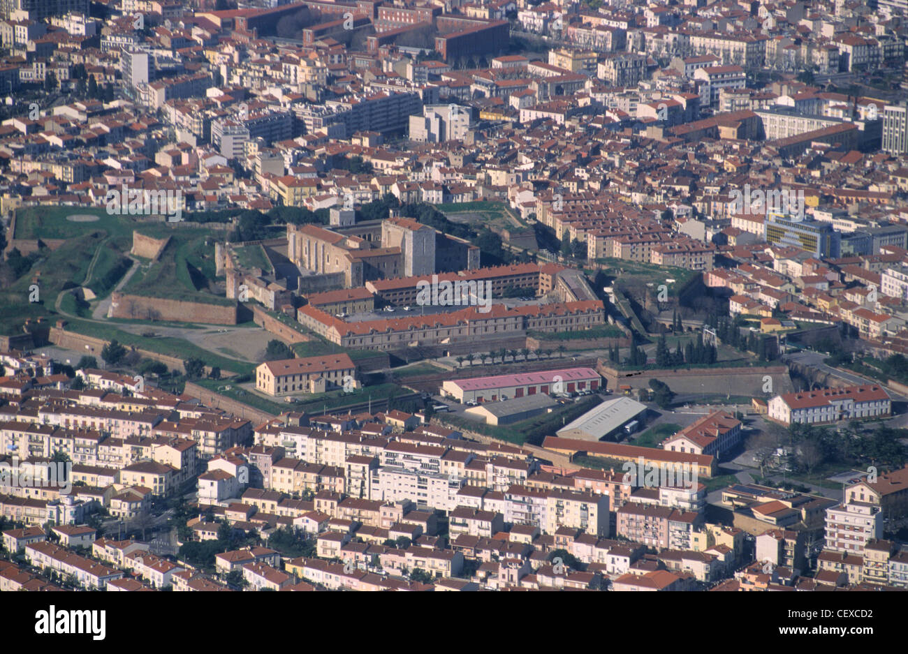 Aerial view of Perpignan town with Majorca kings palace, Eastern ...