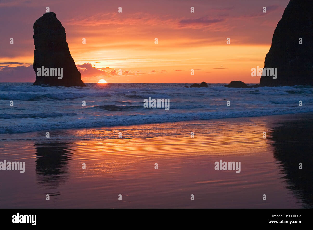 silhouette of haystack rock and other rock formations at sunset; cannon ...