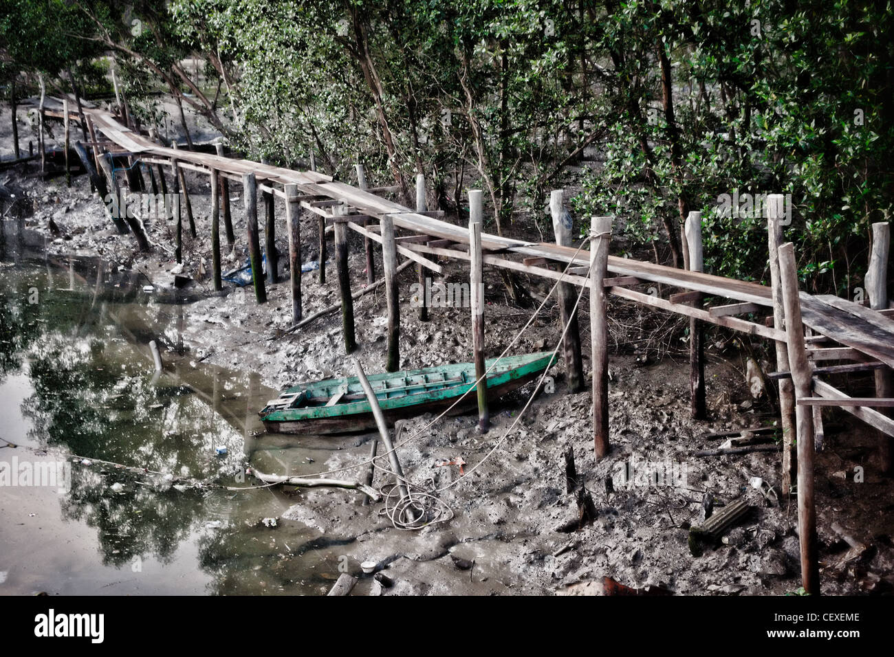 dirty old rowboat in the mud and magroves Stock Photo - Alamy
