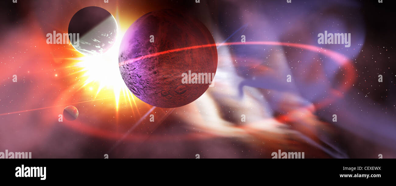 Solar flares radiate from a huge sun near a planet and its orbiting ...
