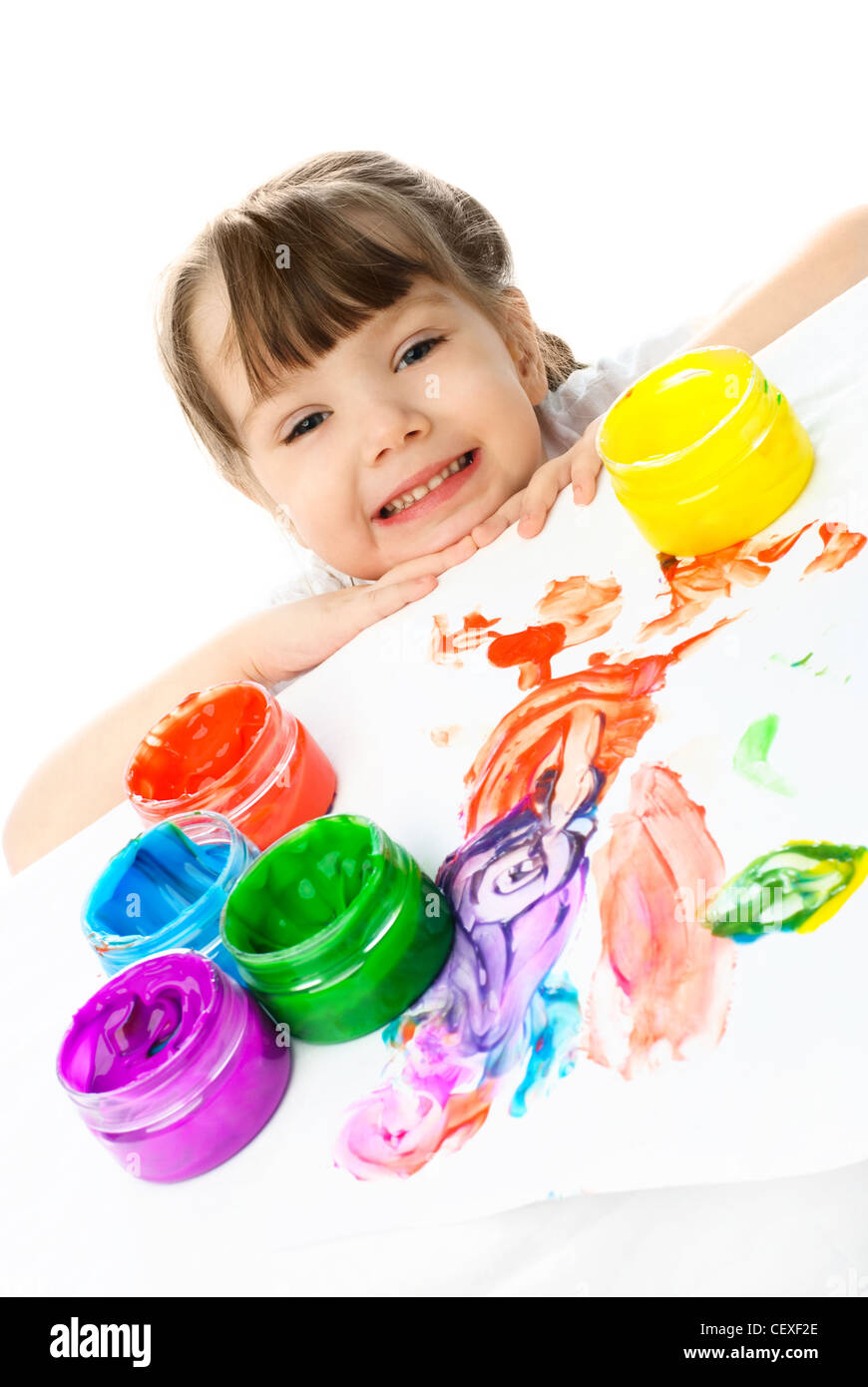 happy girl drawing, isolated on white Stock Photo - Alamy