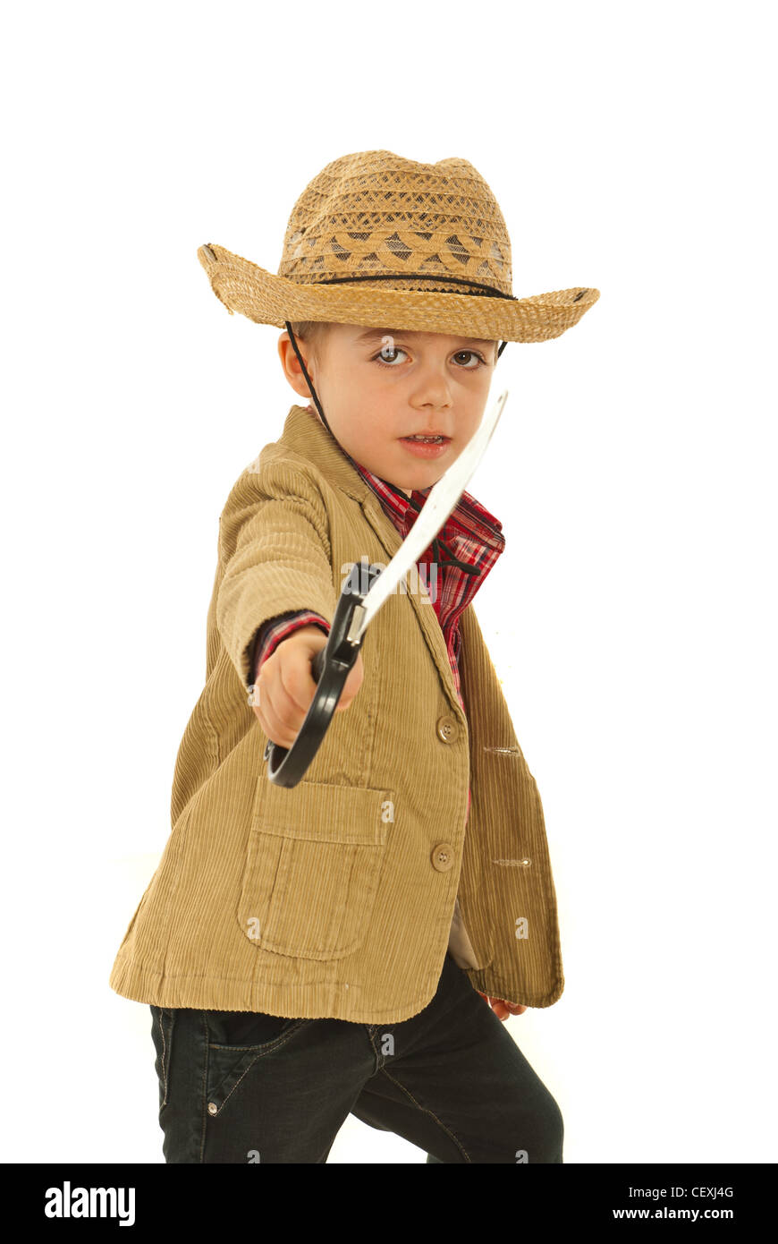Little boy with cowboy hat playing with sword toy isolated on white ...