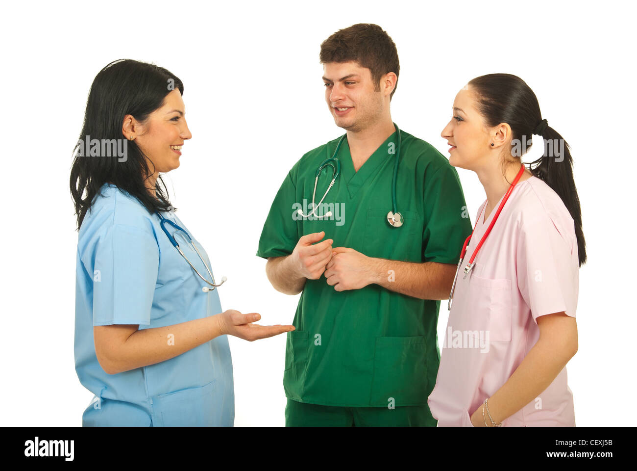 Three doctors team having conversation isolated on white background ...