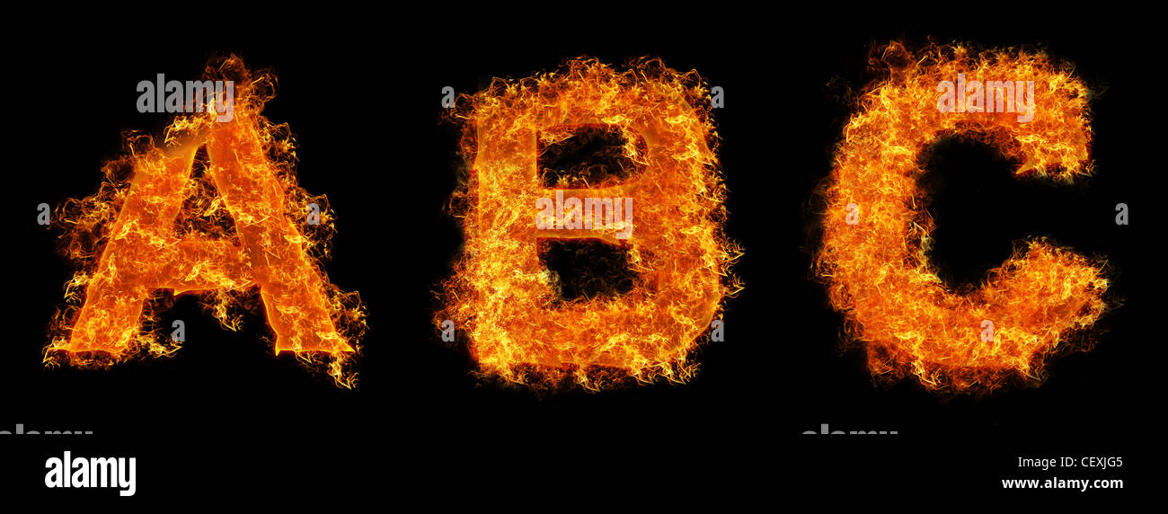 Set of Fire letter ABC on a black background Stock Photo - Alamy