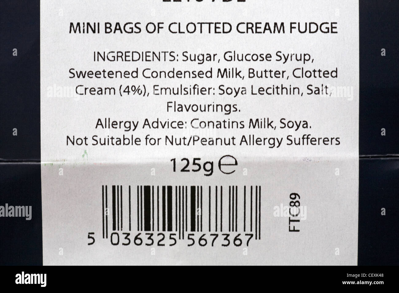 ingredients and allergy advice on packaging of mini bags of clotted ...