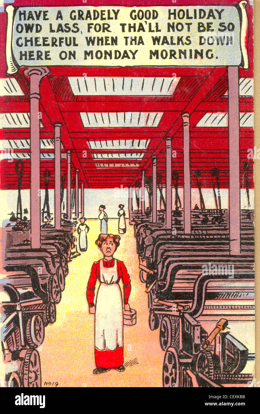 Comic postcard of the interior in a Lancashire cotton mill Stock Photo ...