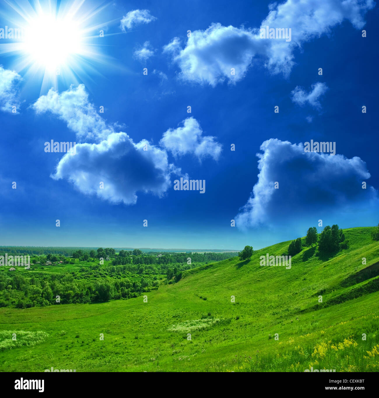 summer landscape of green valley and blue sky Stock Photo - Alamy