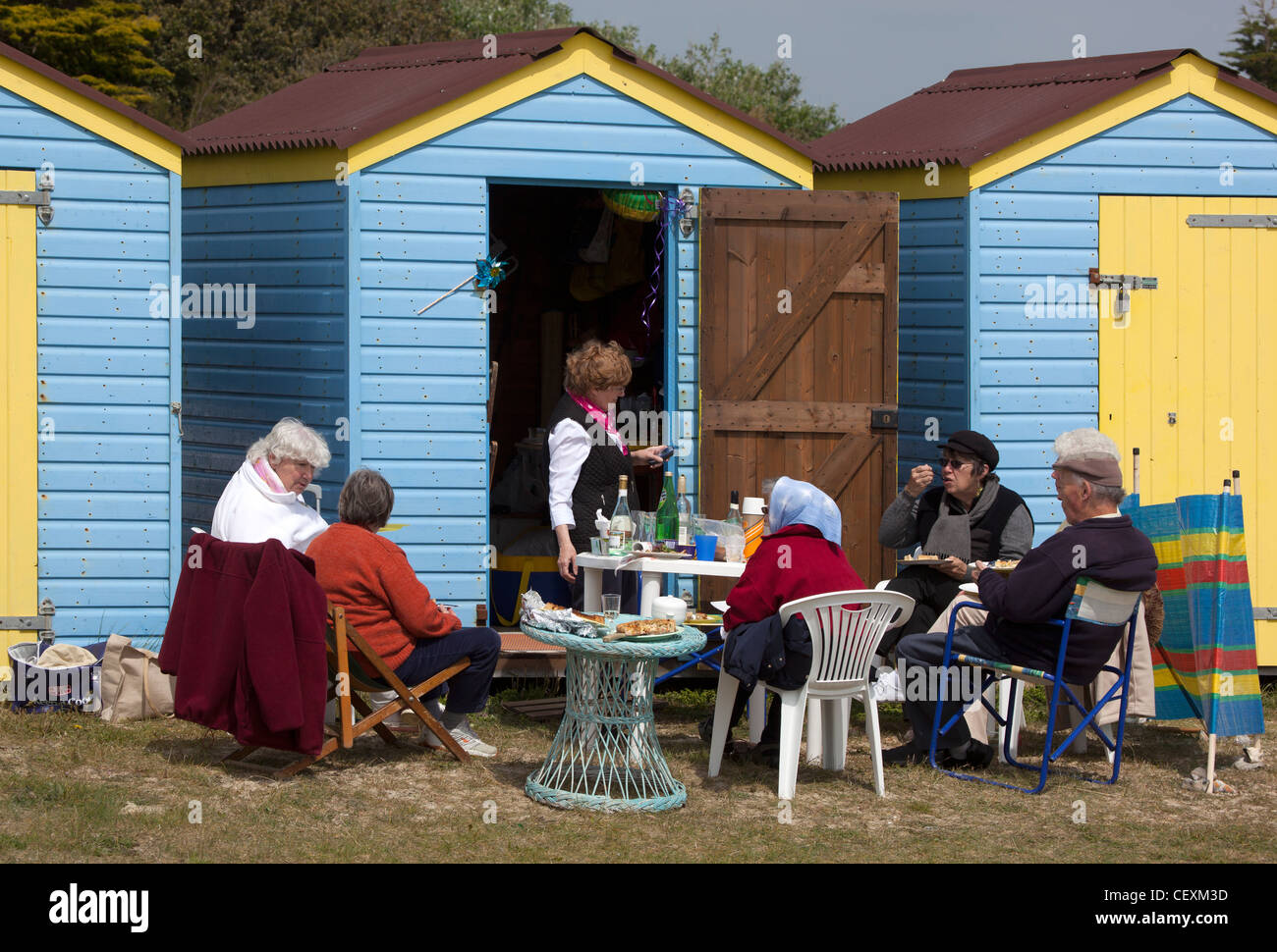 Group enjoying picnic outside a Beach hut at Littlehampton Stock Photo ...