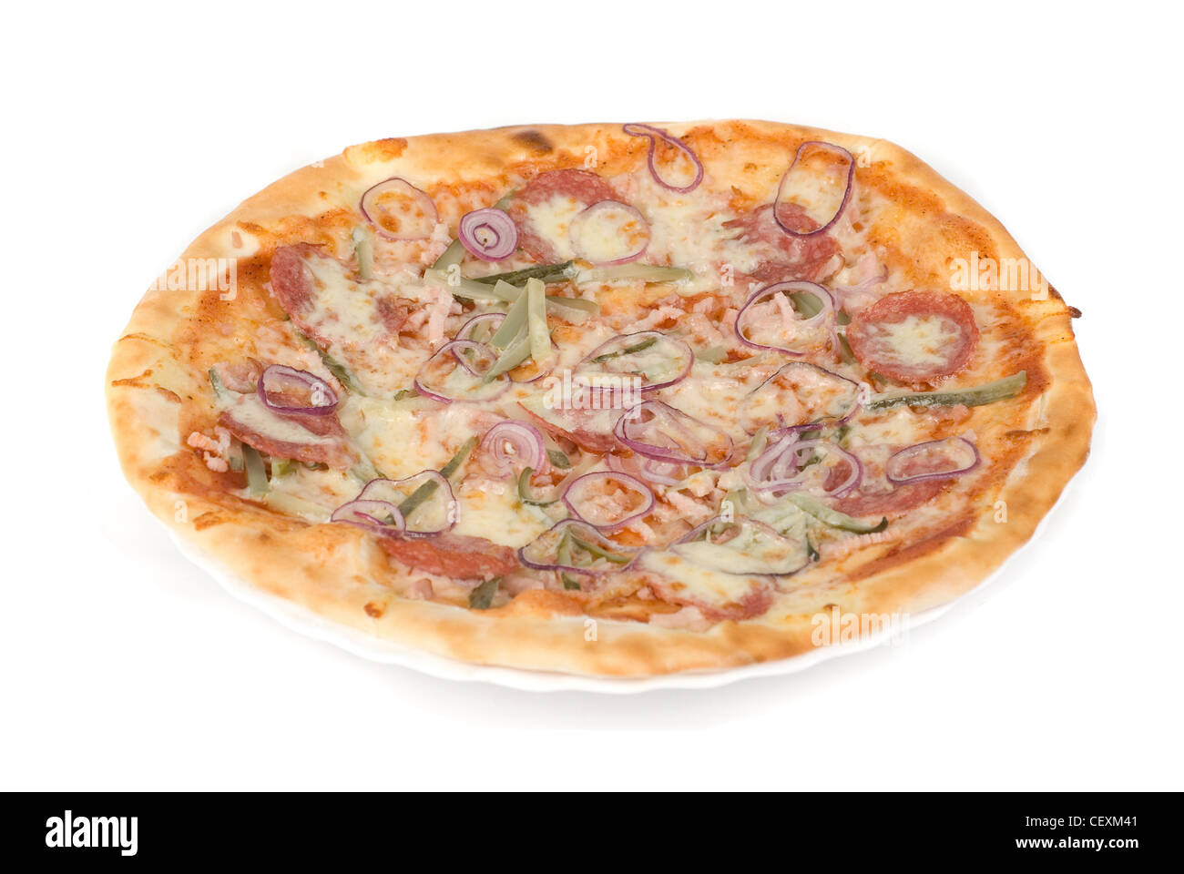 pizza closeup with smoked meat, salami, gherkin, onion and mozzarella ...