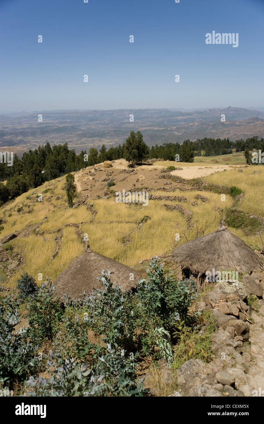 Looking down on farms and fields from near the mountain top monastery ...