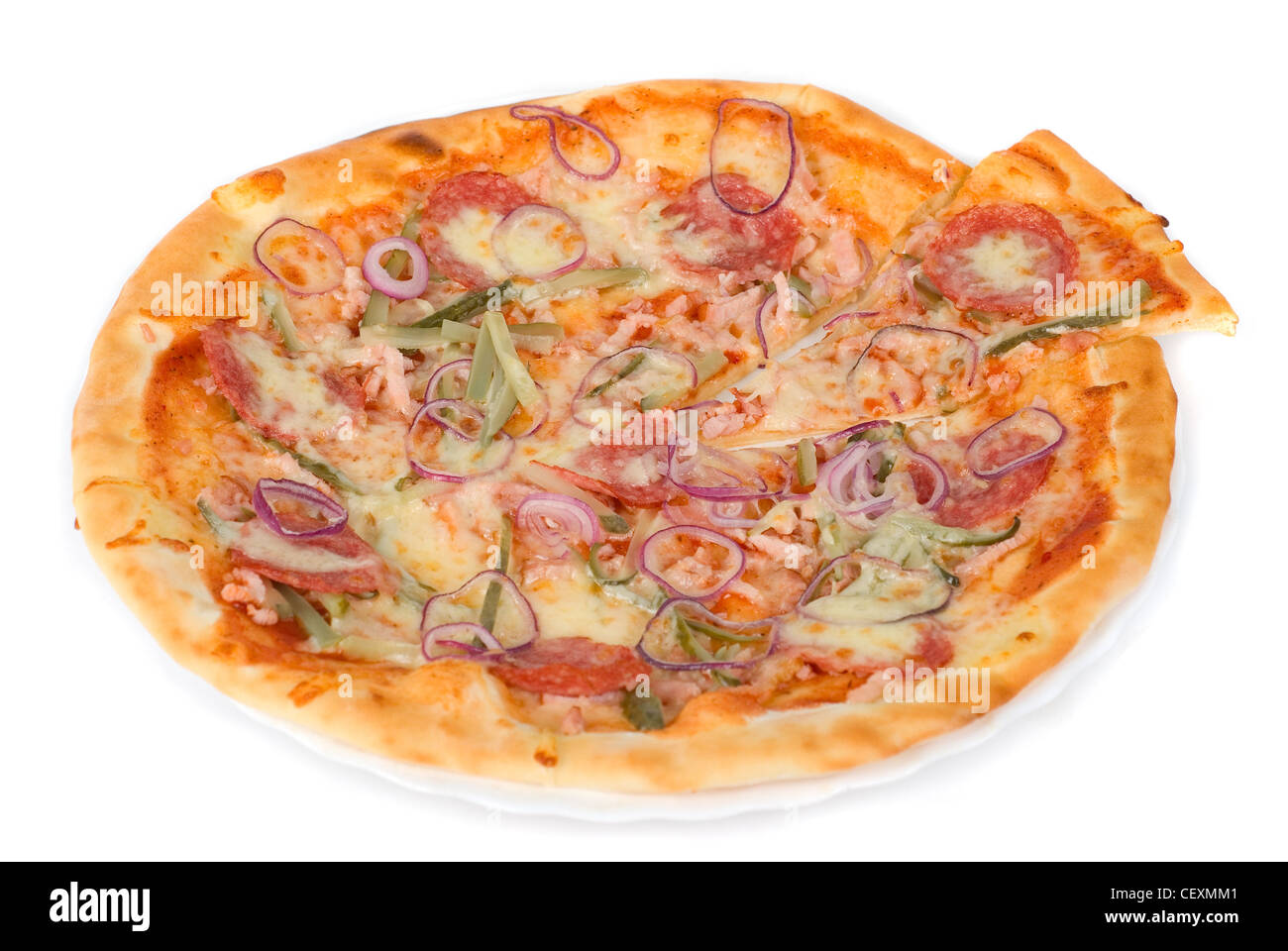 pizza closeup with smoked meat, salami, gherkin, onion and mozzarella ...