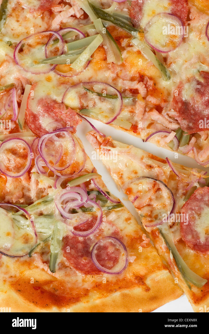 pizza closeup with smoked meat, salami, gherkin, onion and mozzarella ...