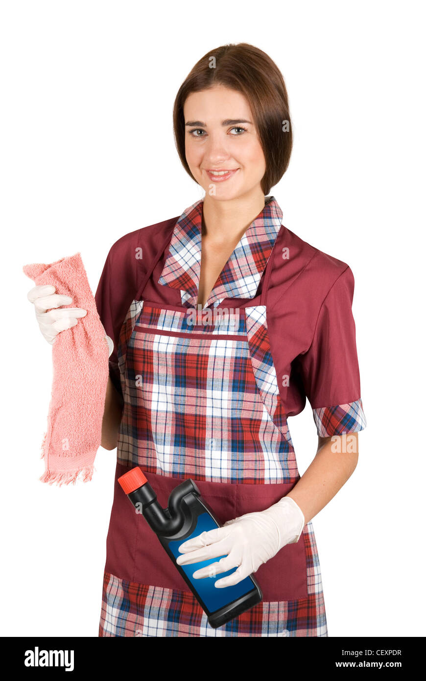 girl cleaner at uniform isolated on a white Stock Photo - Alamy