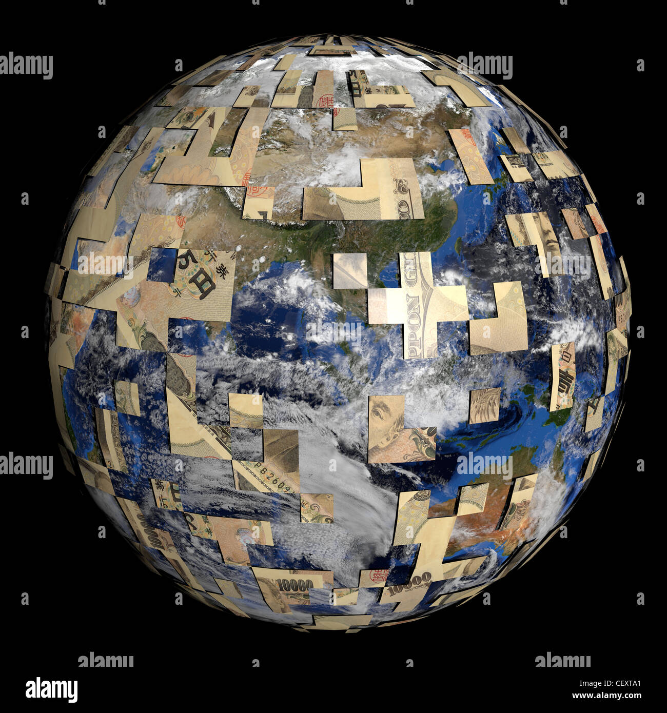 earth partially covered by Japanese Yen sphere illustration Stock Photo ...