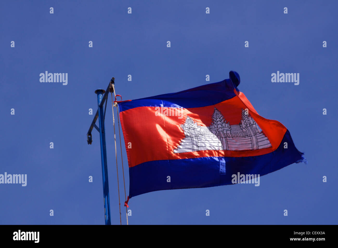 Cambodian flag in red and blue with the image of Angkor Wat on it ...