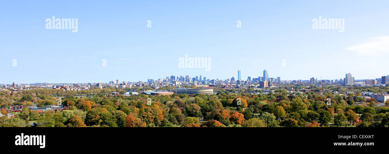 A panoramic view over the fall trees of Cambridge, MA, over Harvard ...
