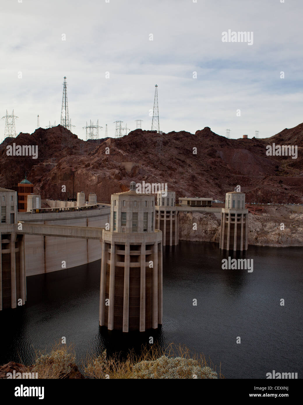 Hoover Dam on the Nevada Arizona border. Intake towers at sunset Stock ...