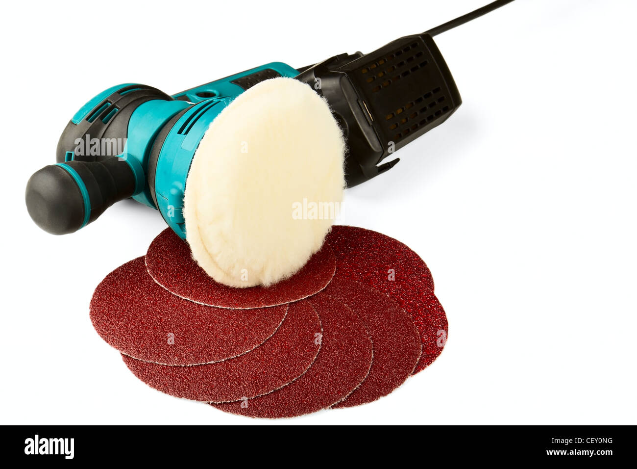 The grinding car and abrasive disks isolated on a white background ...