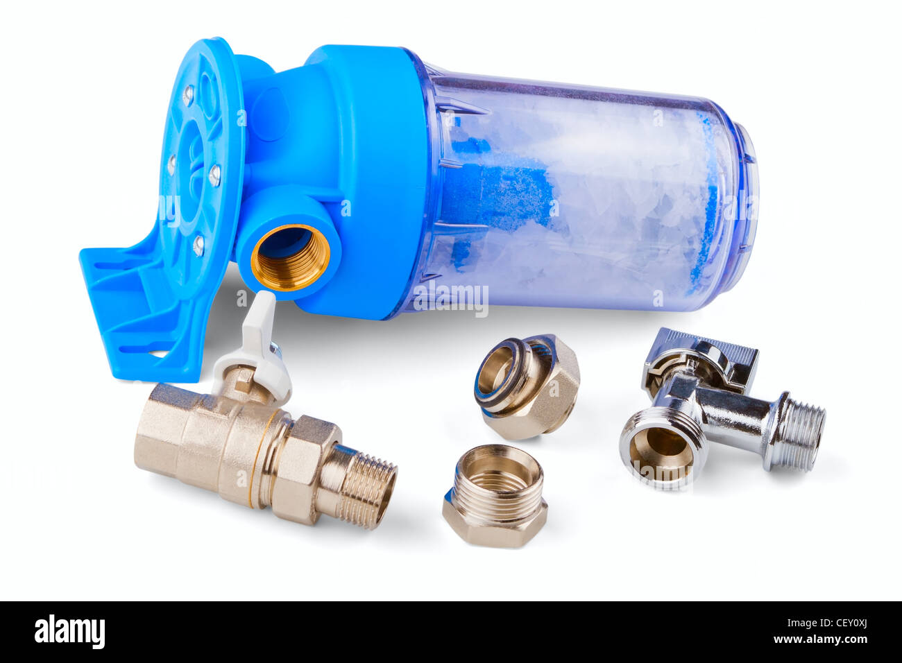 polyphosphate filter for water and pipe fittings isolated on a white ...