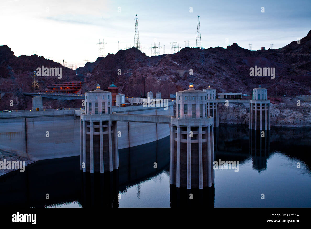 Hoover Dam on the Nevada Arizona border. Intake towers for power ...