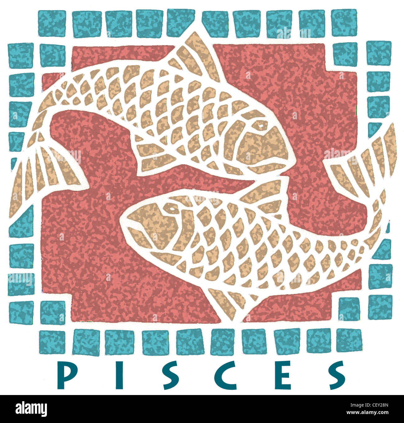 Star sign Pisces aqua blue mosaic border illustration of two fish ...