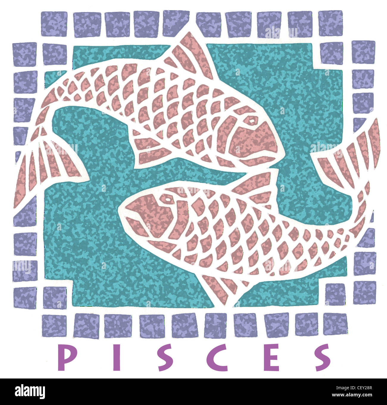 Star sign Pisces purple mosaic border illustration of two fish against ...