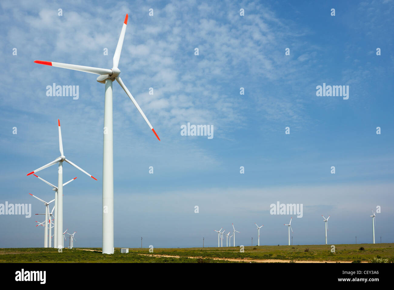 Electric windmill farm with many propellers, large industry turbines ...