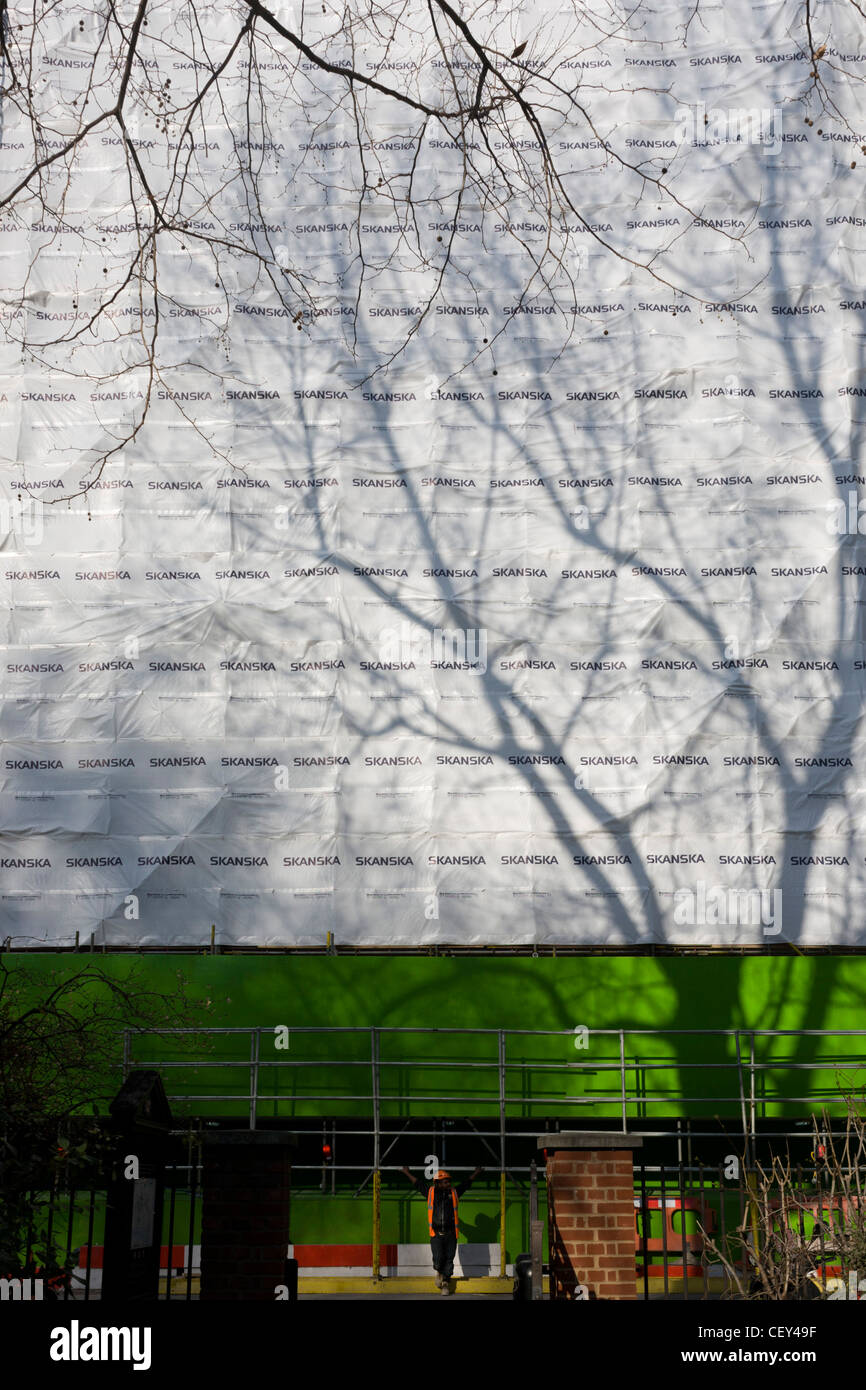Construction workman below safety sheeting with plain tree shadow at a ...
