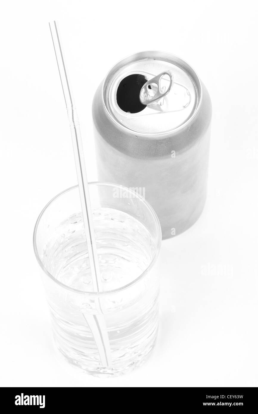 silver soda can and glass with white background Stock Photo - Alamy