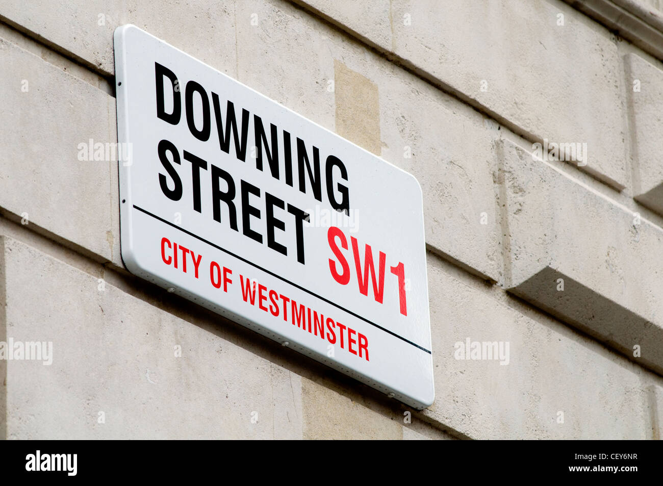 Close up of a street sign on the wall of a building on Downing Street ...