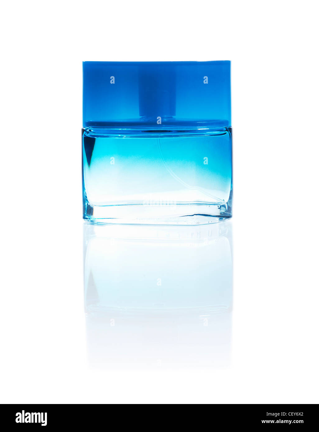 Blue perfume bottle with reflection isolated of white Stock Photo - Alamy