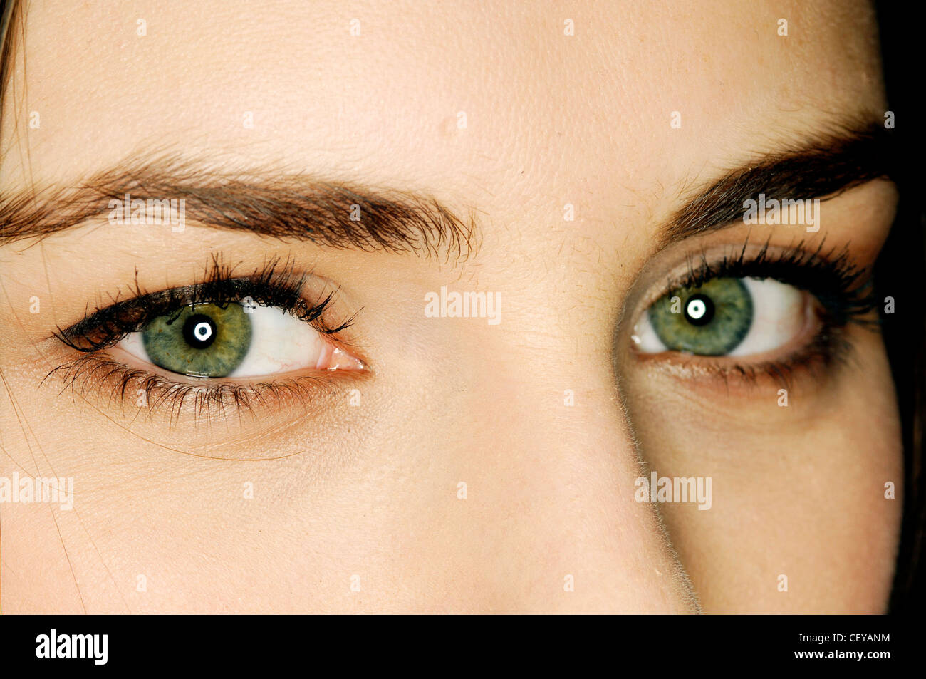 Close up of female eyes wearing black eyeliner and mascara looking ...
