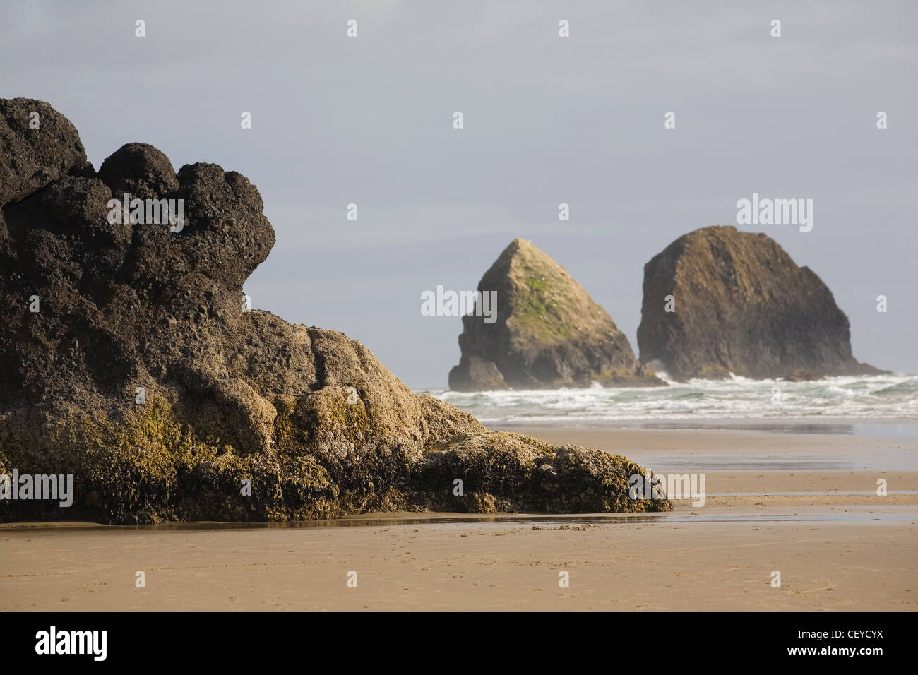 rock formations in the ocean with waves on the beach; cannon beach ...