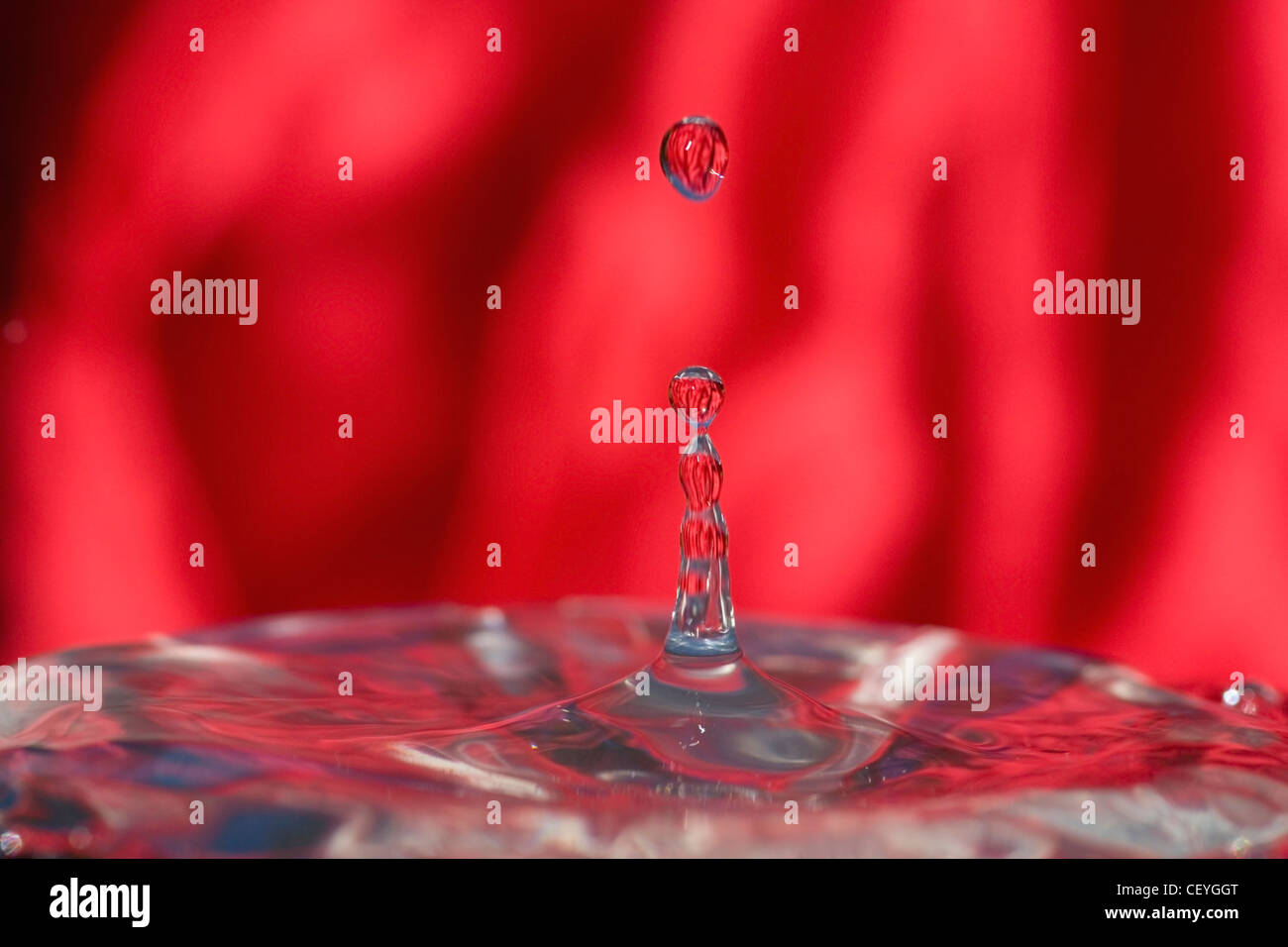 a water drop falling into water with a red background Stock Photo - Alamy
