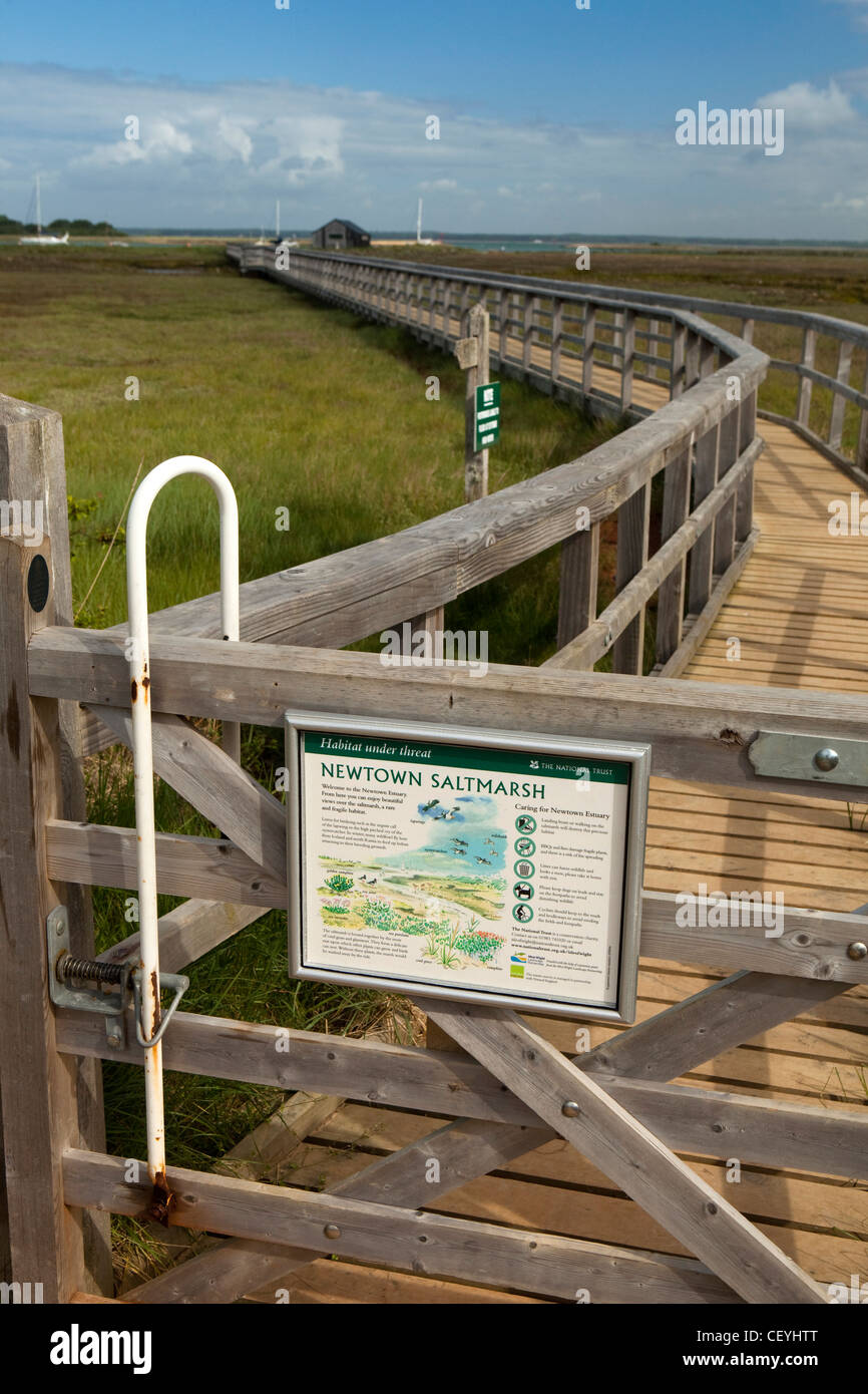 UK, England, Isle of Wight, Newtown Saltmarsh, wooden causeway with ...