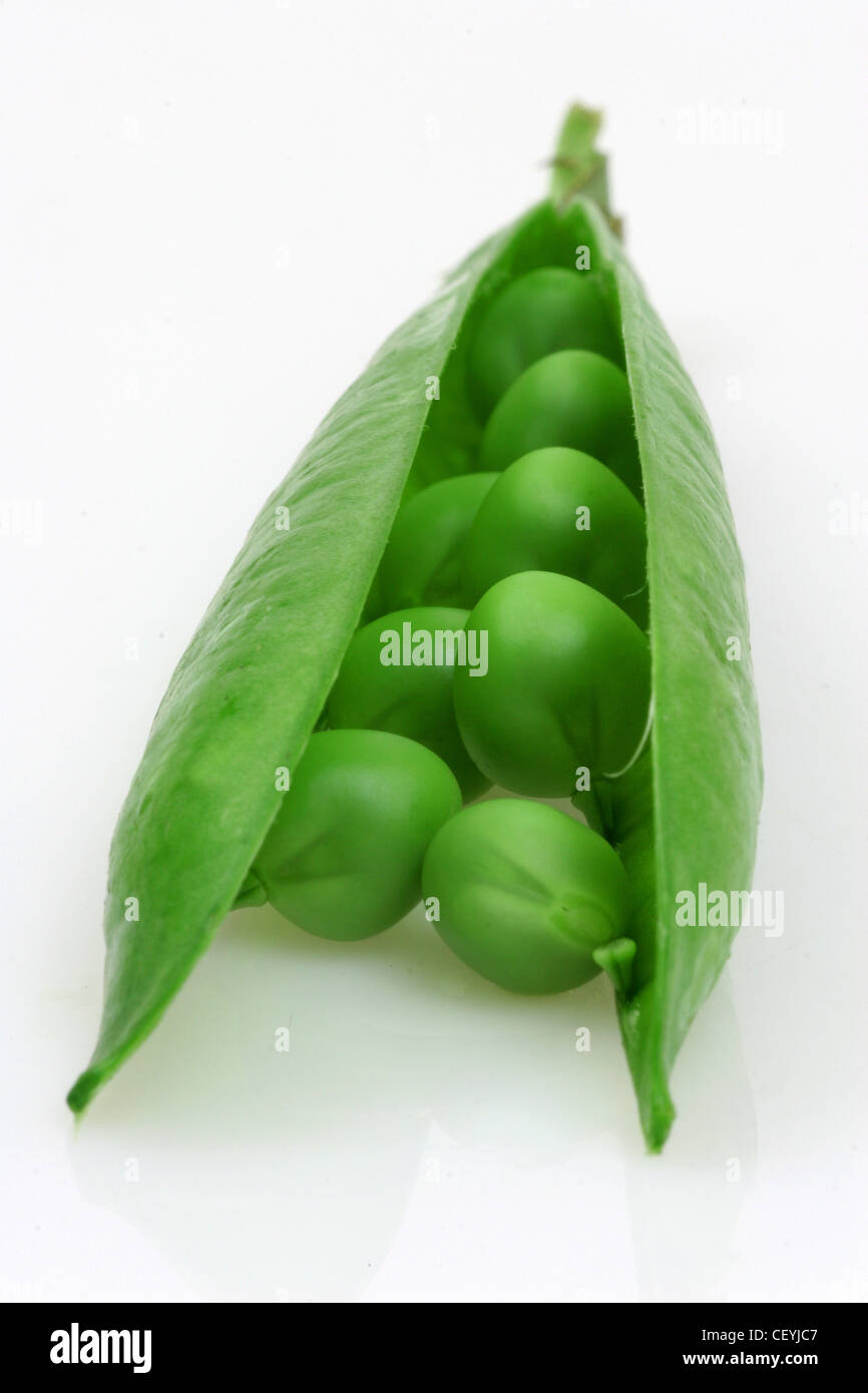 A pea pod split in half full of peas Stock Photo - Alamy