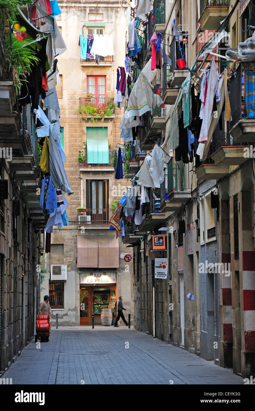 Barcelona, Spain. Carrer del Tigre in the Raval district. Washing ...